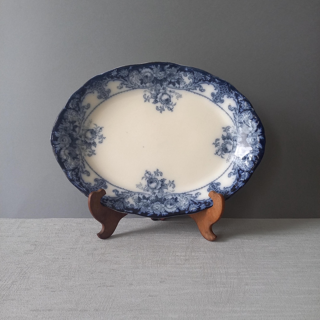 Antique Oval Serving Plate With Blue Floral Pattern, Antique Serving ...