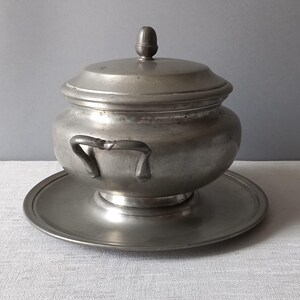 French Vintage Pewter Tureen With Acorn Lid Knob and Plate, Country ...