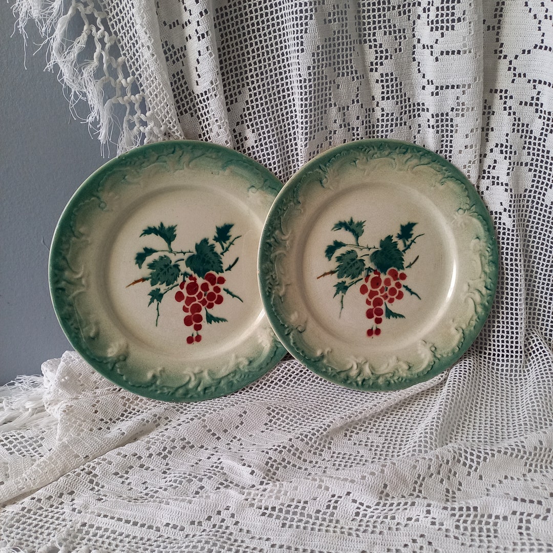 Pair Antique Ironstone Red Berry Plates With Fruit Patterns, French ...