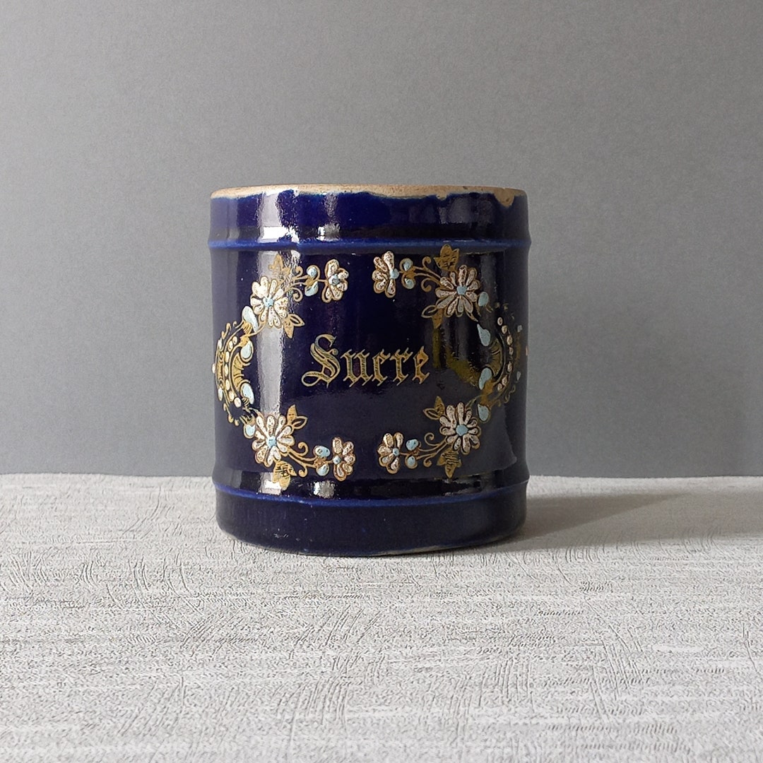 French Antique Lidless Ceramic Canister Pot in Cobalt Blue With Hand ...
