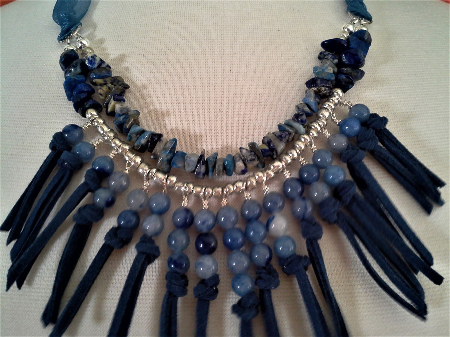 Blue Multi Strand, Beaded Necklace With Silver Seed Beads and Blue ...