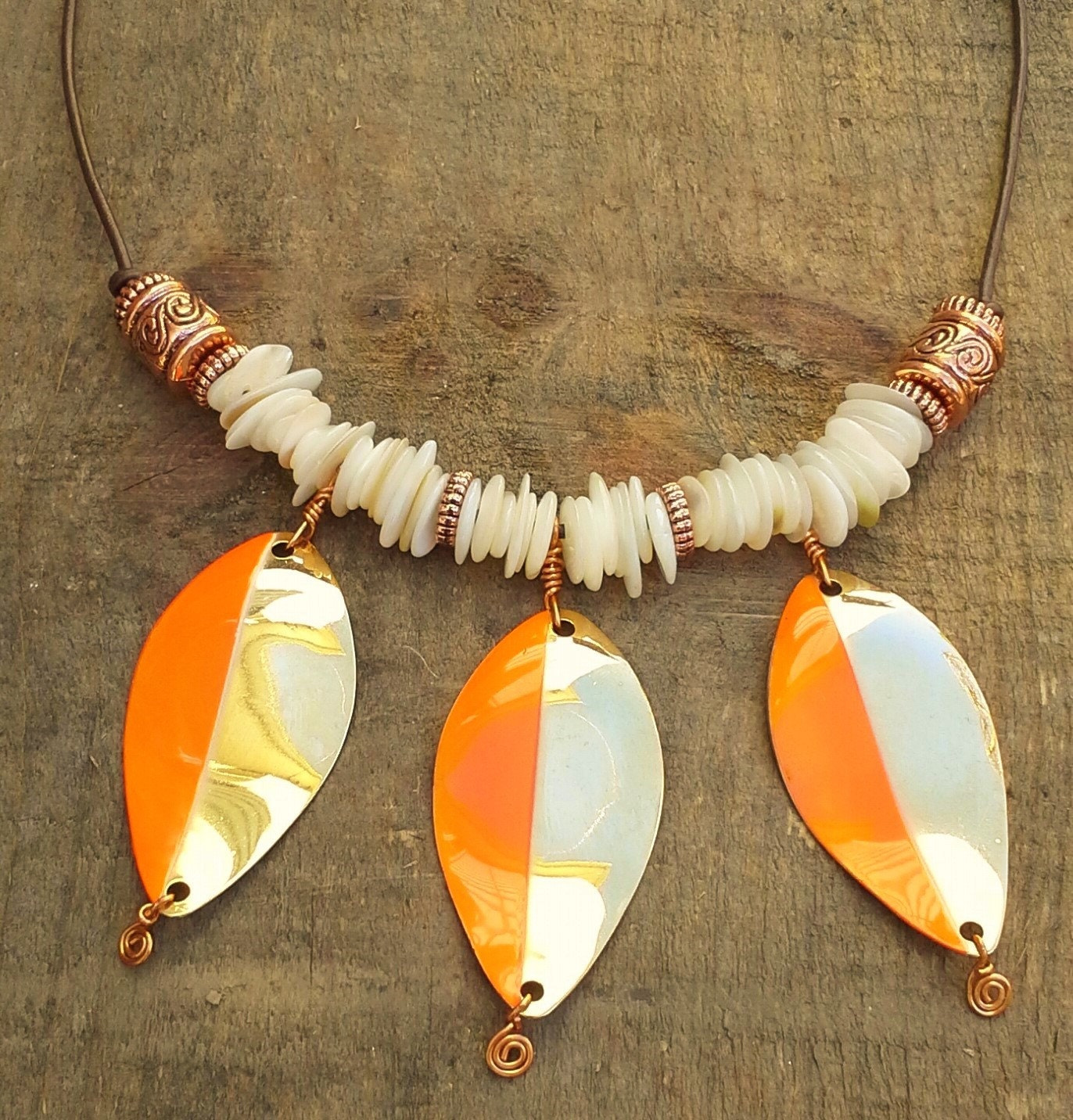 Fishing Lure Necklace, Brass and Orange Colored Lures, Copper Beads ...