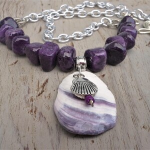 Wampum Shell Necklace With Purple Stone Nuggets, Silver Scallop Charm ...