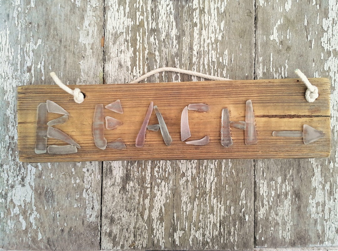 Reclaimed Wood Sign With Sea Glass, Beach Sign, Coastal Decor, Sea ...