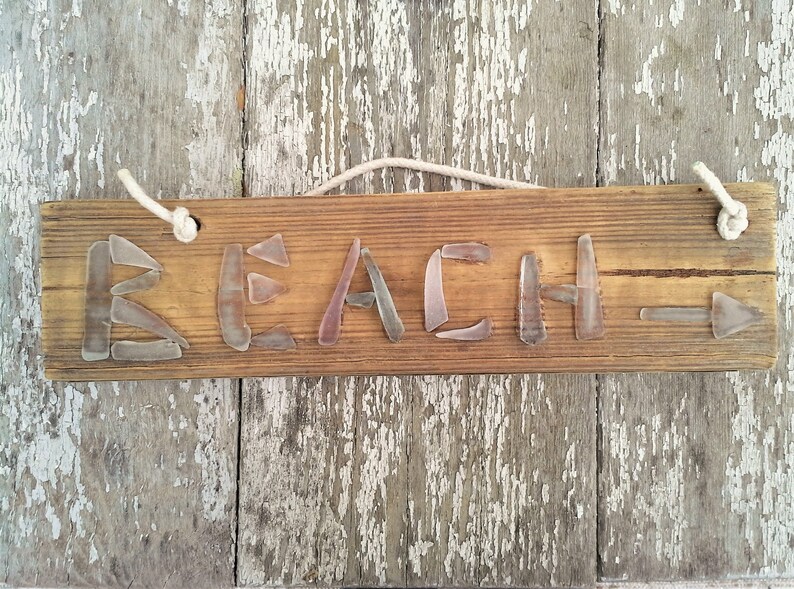 Reclaimed Wood Sign With Sea Glass, Beach Sign, Coastal Decor, Sea ...