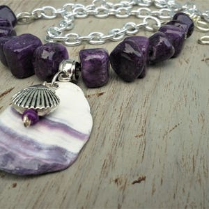 Wampum Shell Necklace With Purple Stone Nuggets, Silver Scallop Charm ...