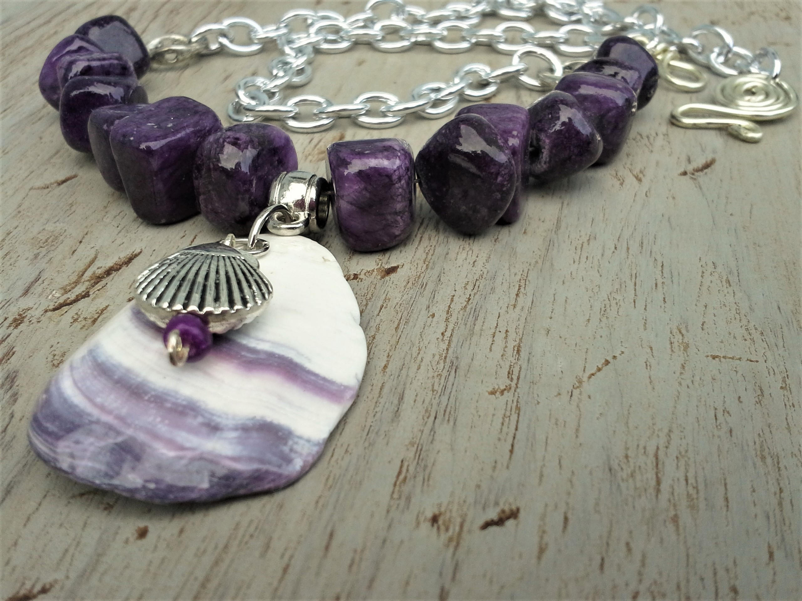 Wampum Shell Necklace With Purple Stone Nuggets Silver - Etsy