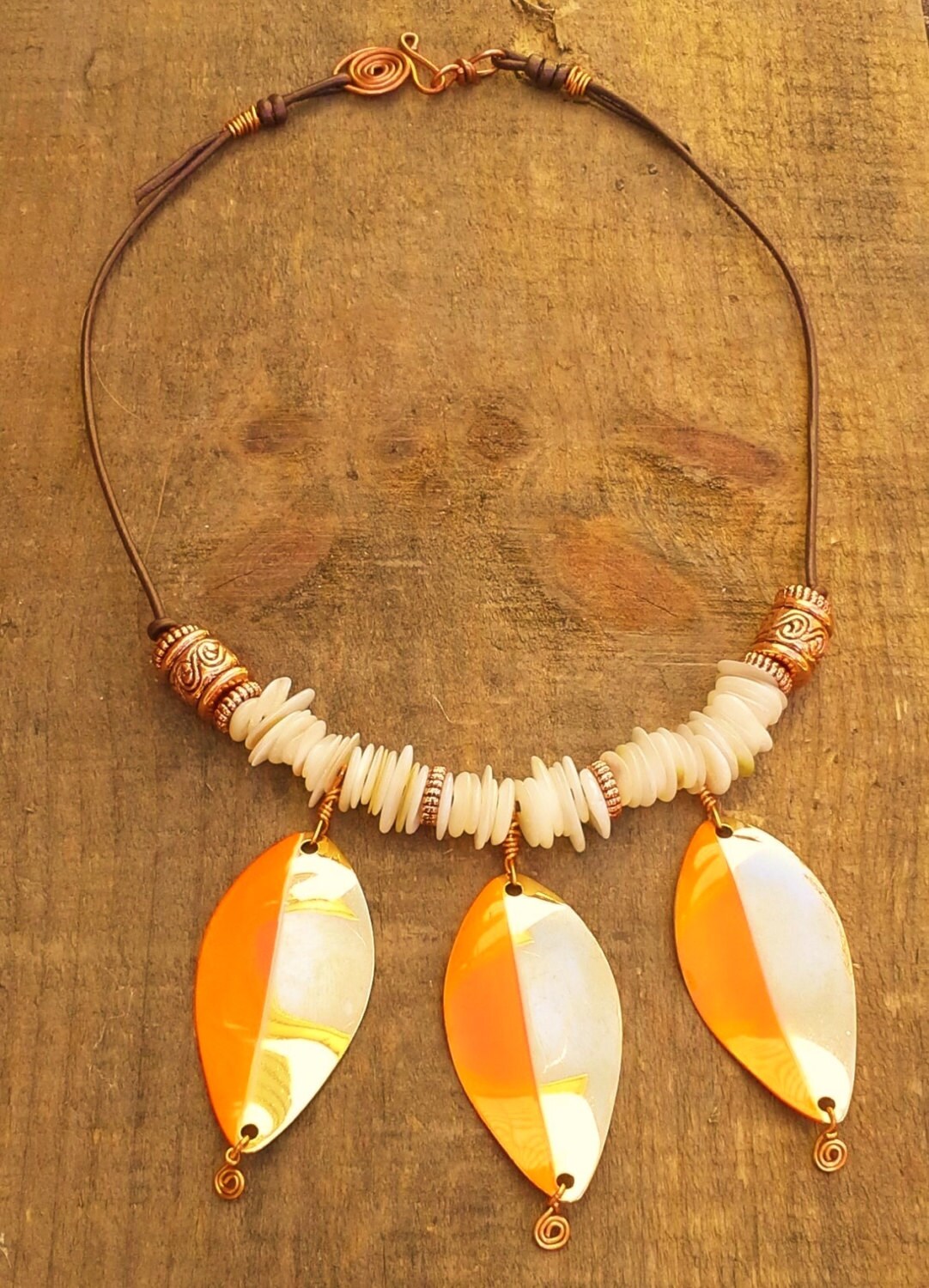 Fishing Lure Necklace, Brass and Orange Colored Lures, Copper Beads ...
