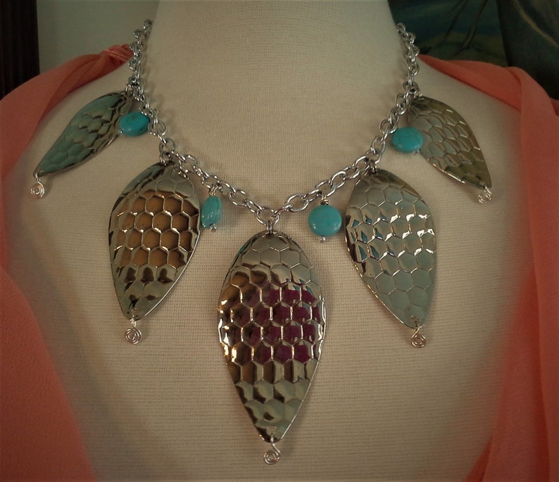 Silver Fishing Lure Necklace With Turquoise Colored Howlite Lentil ...
