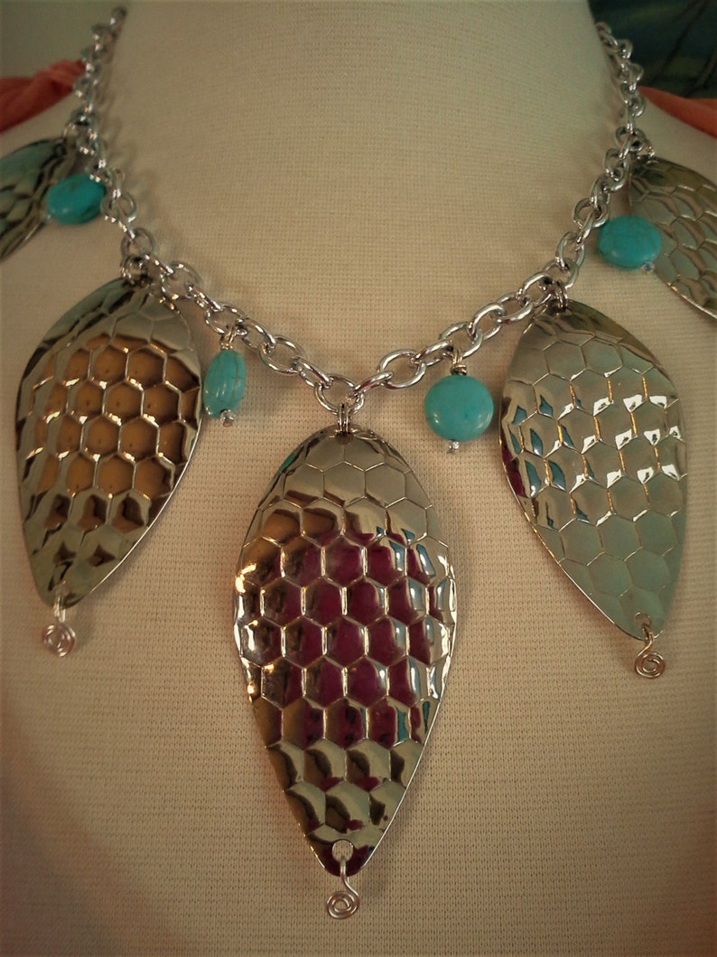 Silver Fishing Lure Necklace With Turquoise Colored Howlite Lentil ...