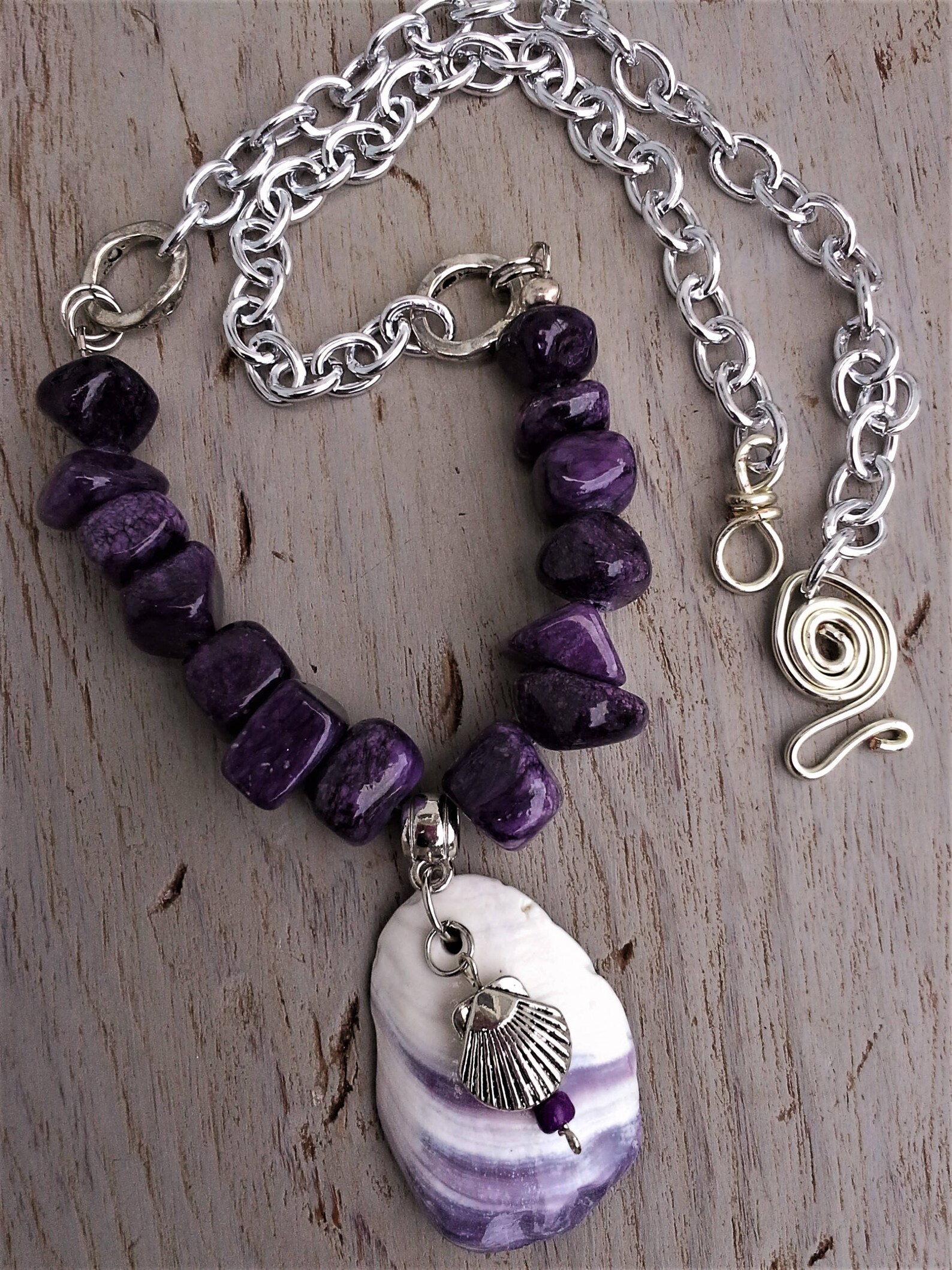 Wampum Shell Necklace With Purple Stone Nuggets, Silver Scallop Charm ...