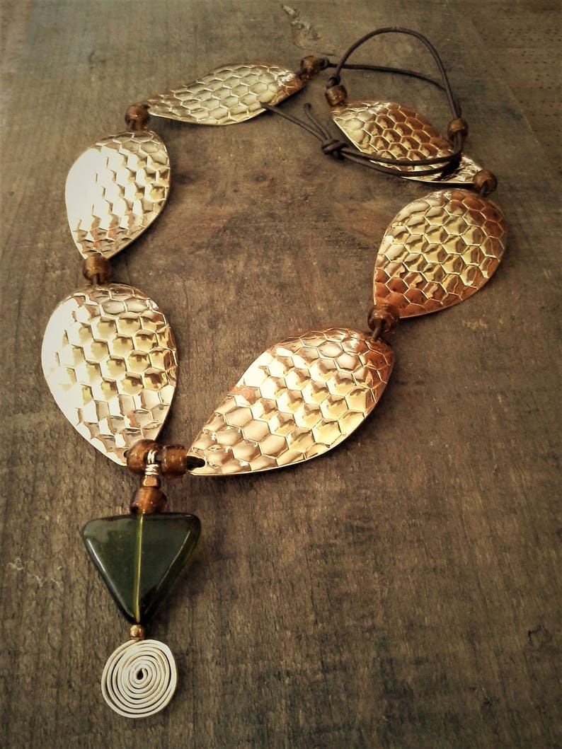 Up Cycled Gold Fishing Lure Necklace With Brown Leather Cord , Amber ...