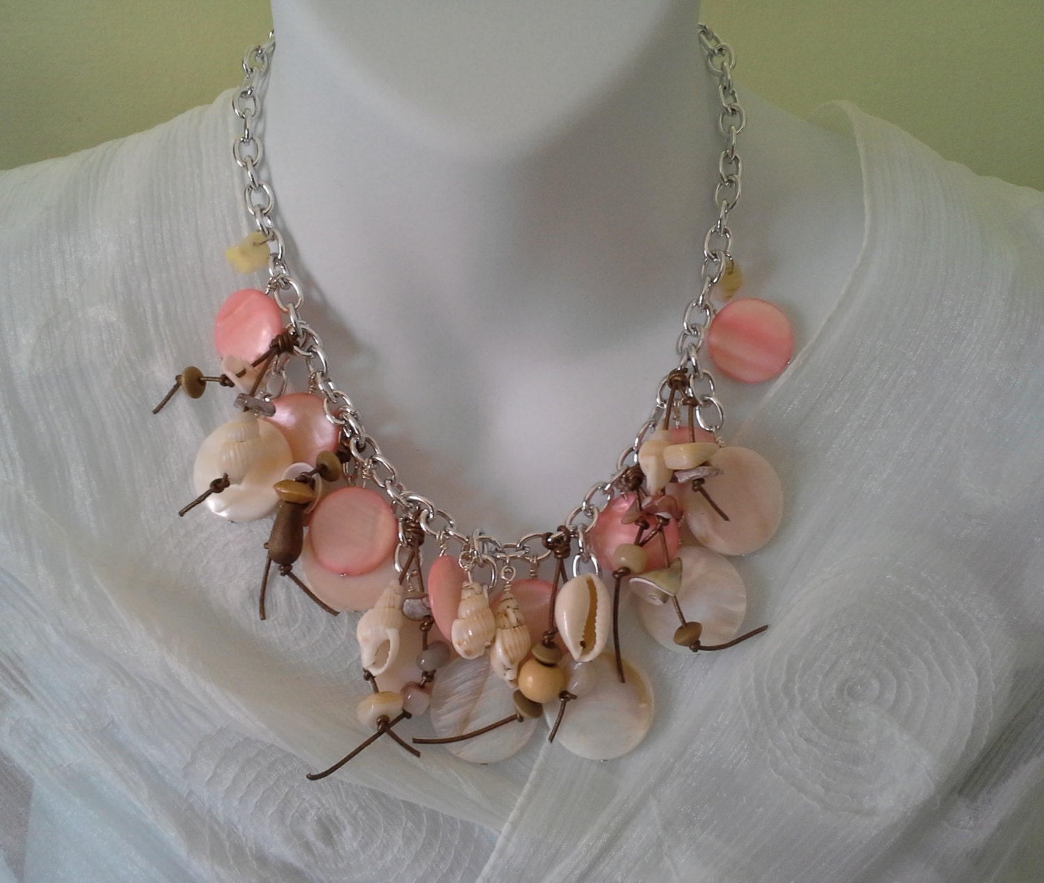 Bib Necklace, Silver Chain, Pink White Shell Lentil Beads, Wood,shell ...