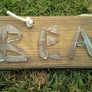 Reclaimed Wood Sign With Sea Glass, Beach Sign, Coastal Decor, Sea ...