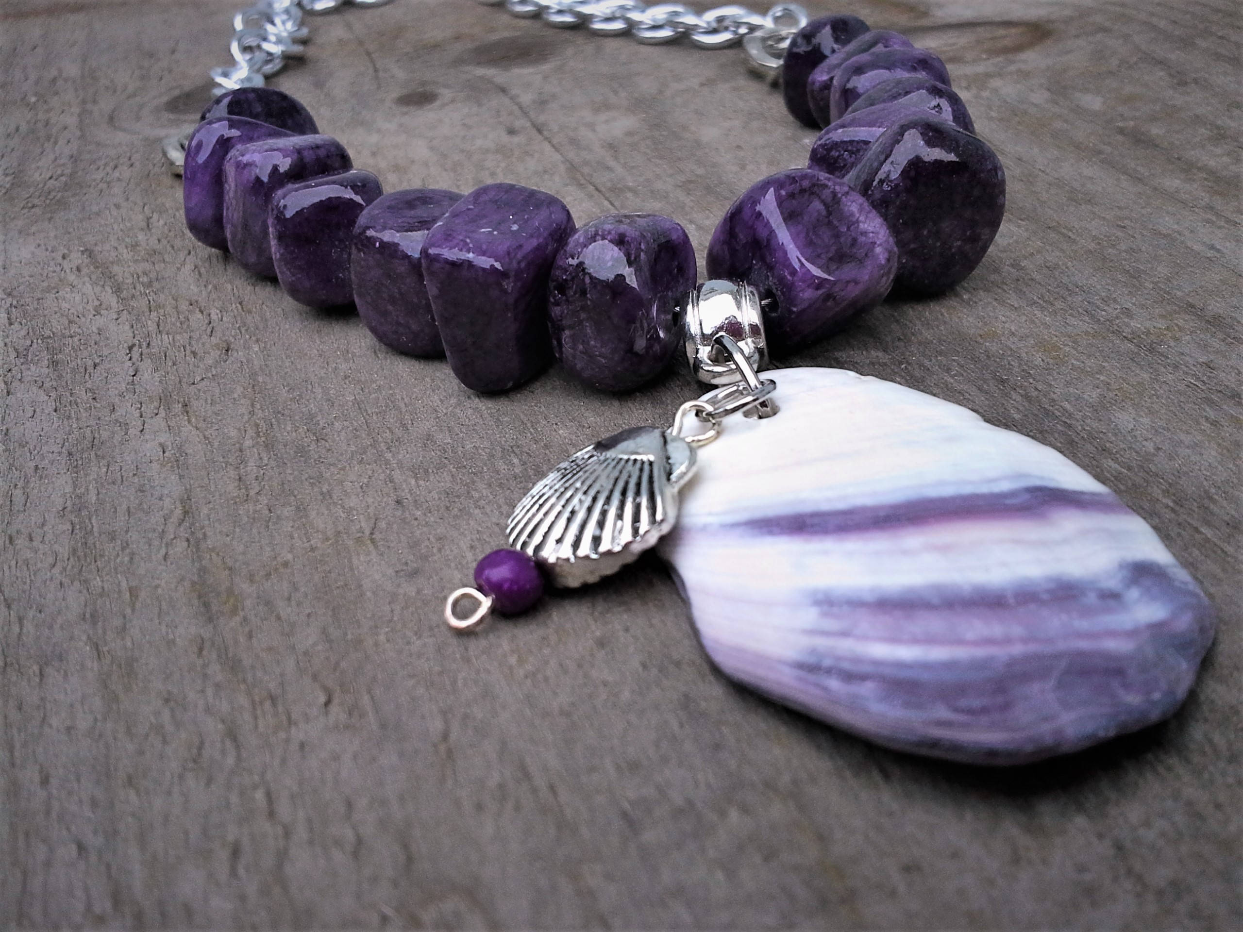 Wampum Shell Necklace With Purple Stone Nuggets Silver - Etsy