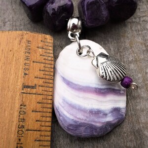 Wampum Shell Necklace With Purple Stone Nuggets, Silver Scallop Charm ...