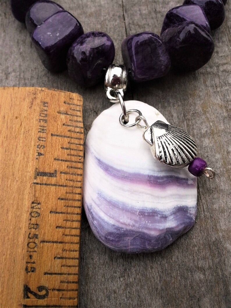 Wampum Shell Necklace With Purple Stone Nuggets, Silver Scallop Charm ...