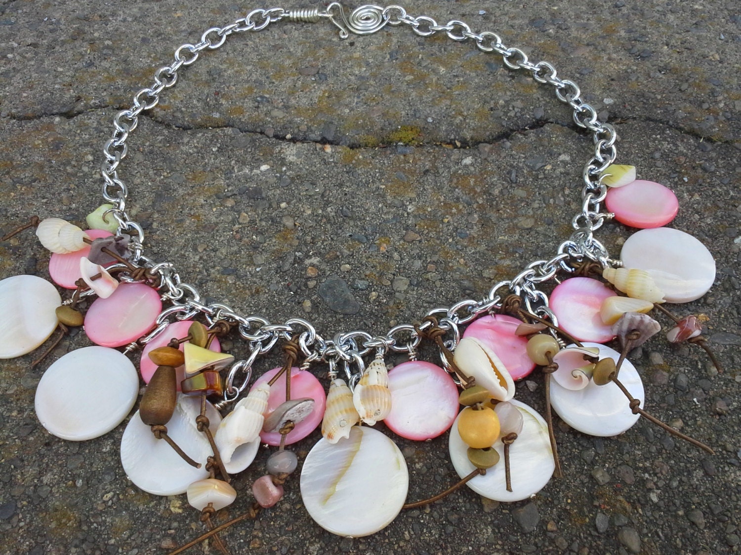 Bib Necklace, Silver Chain, Pink White Shell Lentil Beads, Wood,shell ...
