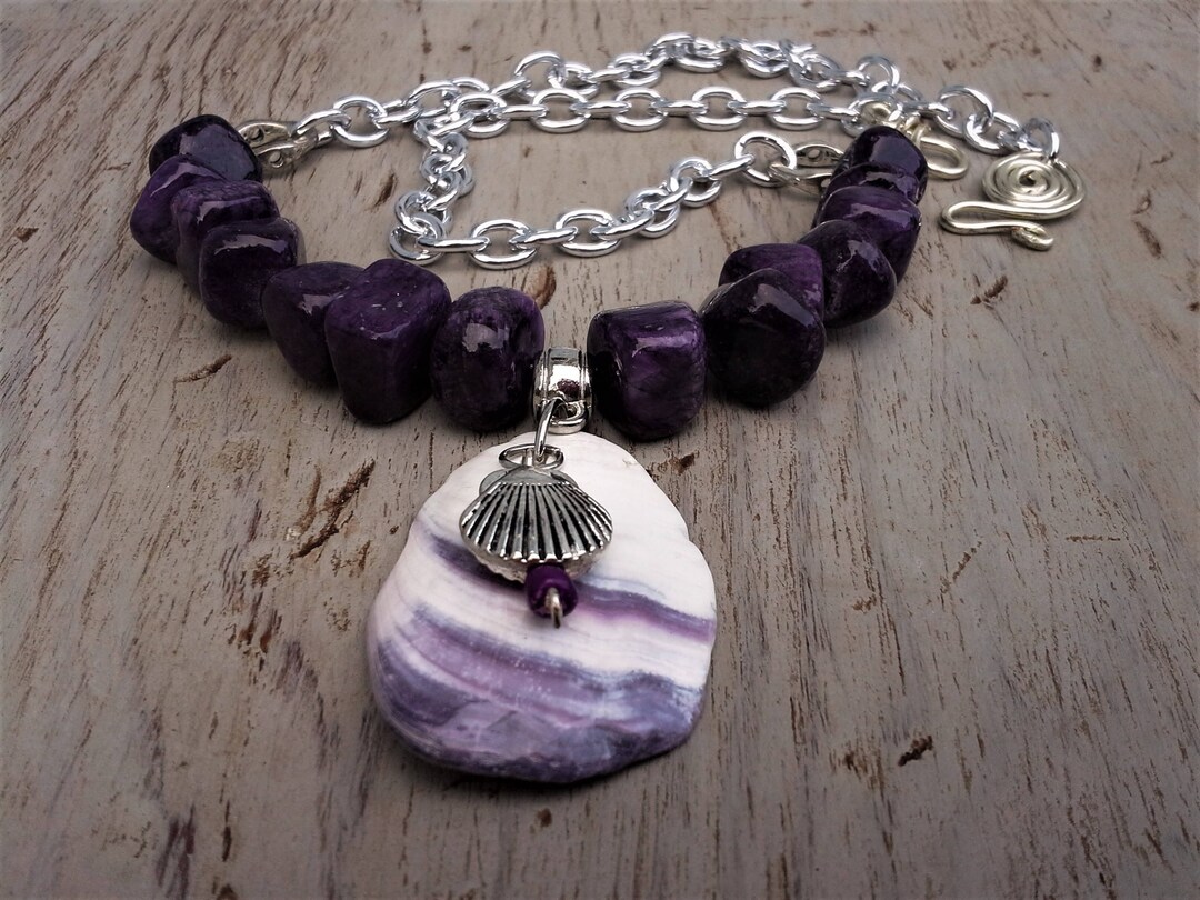 Wampum Shell Necklace With Purple Stone Nuggets, Silver Scallop Charm ...