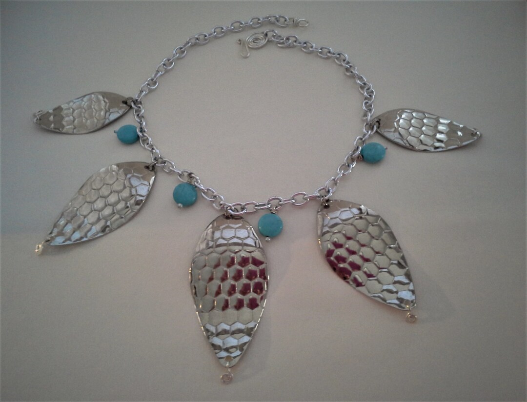 Silver Fishing Lure Necklace With Turquoise Colored Howlite Lentil ...