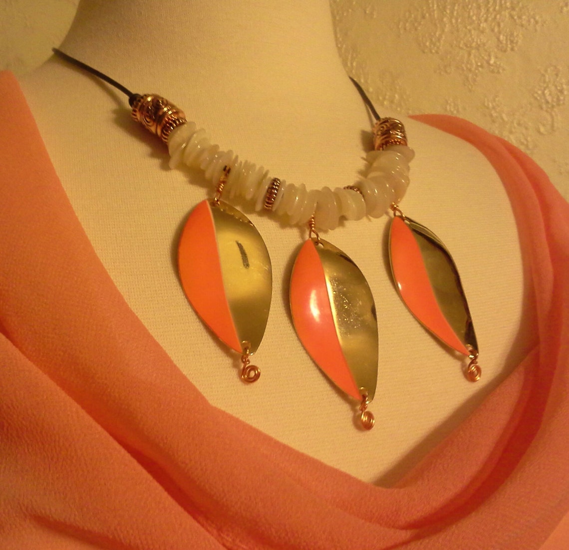 Fishing Lure Necklace, Brass and Orange Colored Lures, Copper Beads ...