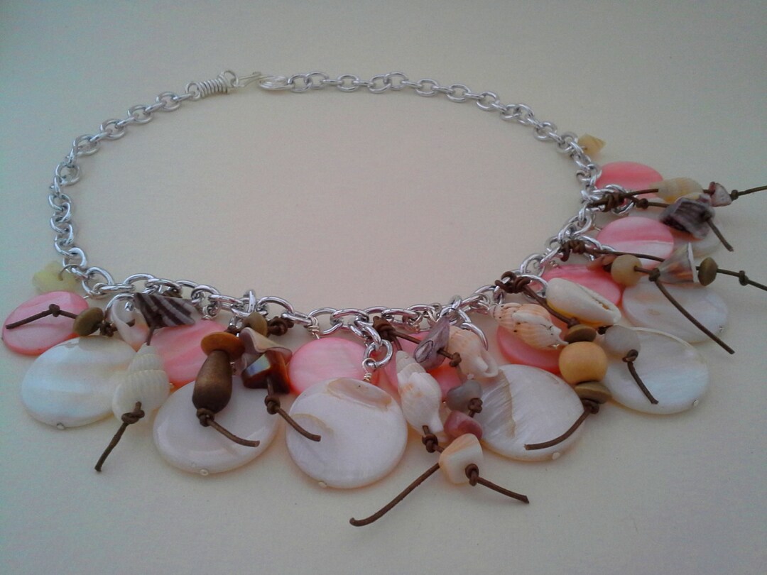 Bib Necklace, Silver Chain, Pink White Shell Lentil Beads, Wood,shell ...