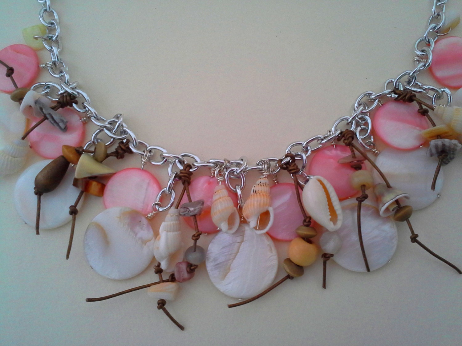 Bib Necklace, Silver Chain, Pink White Shell Lentil Beads, Wood,shell ...
