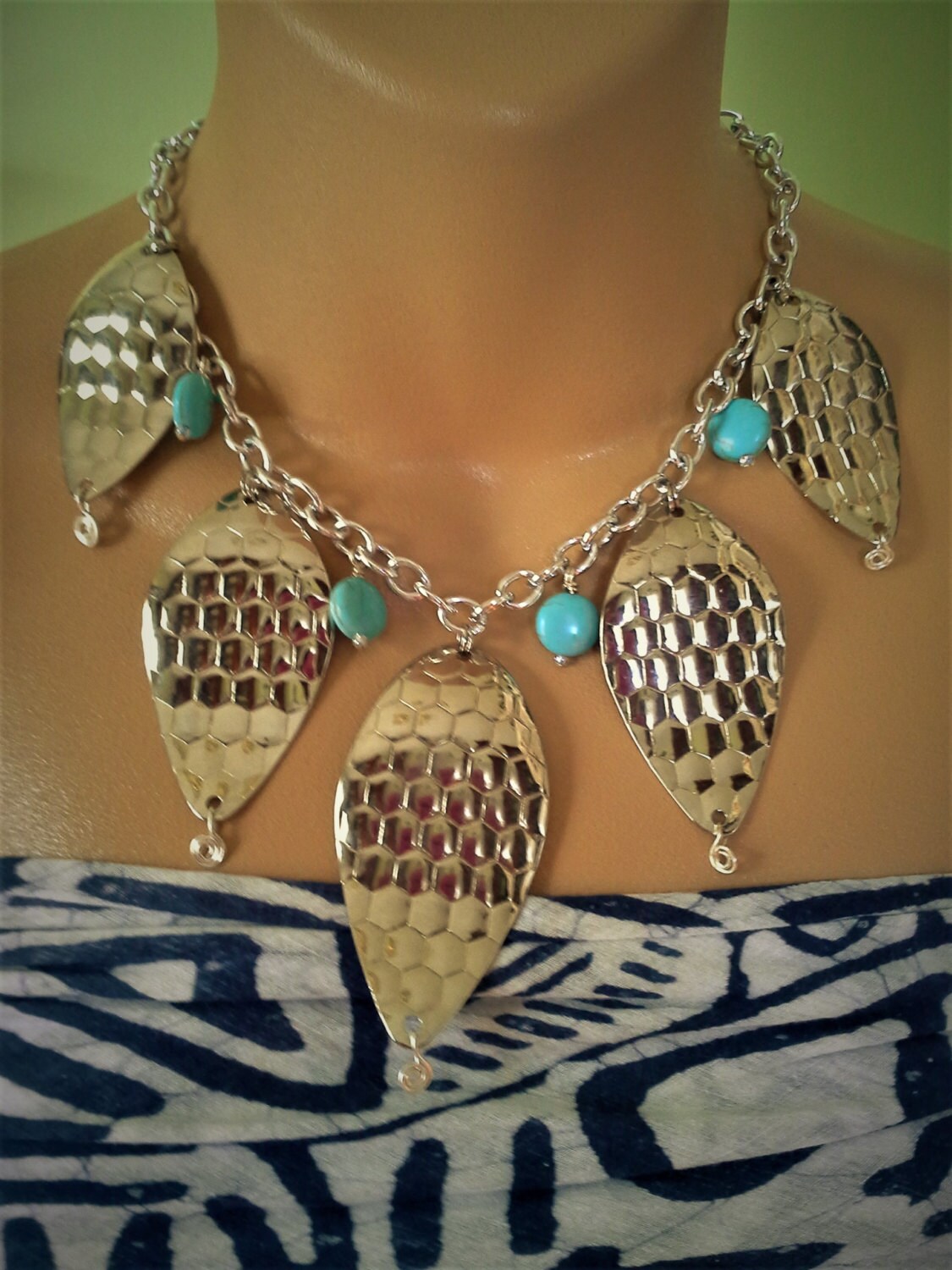 Silver Fishing Lure Necklace With Turquoise Colored Howlite Lentil ...