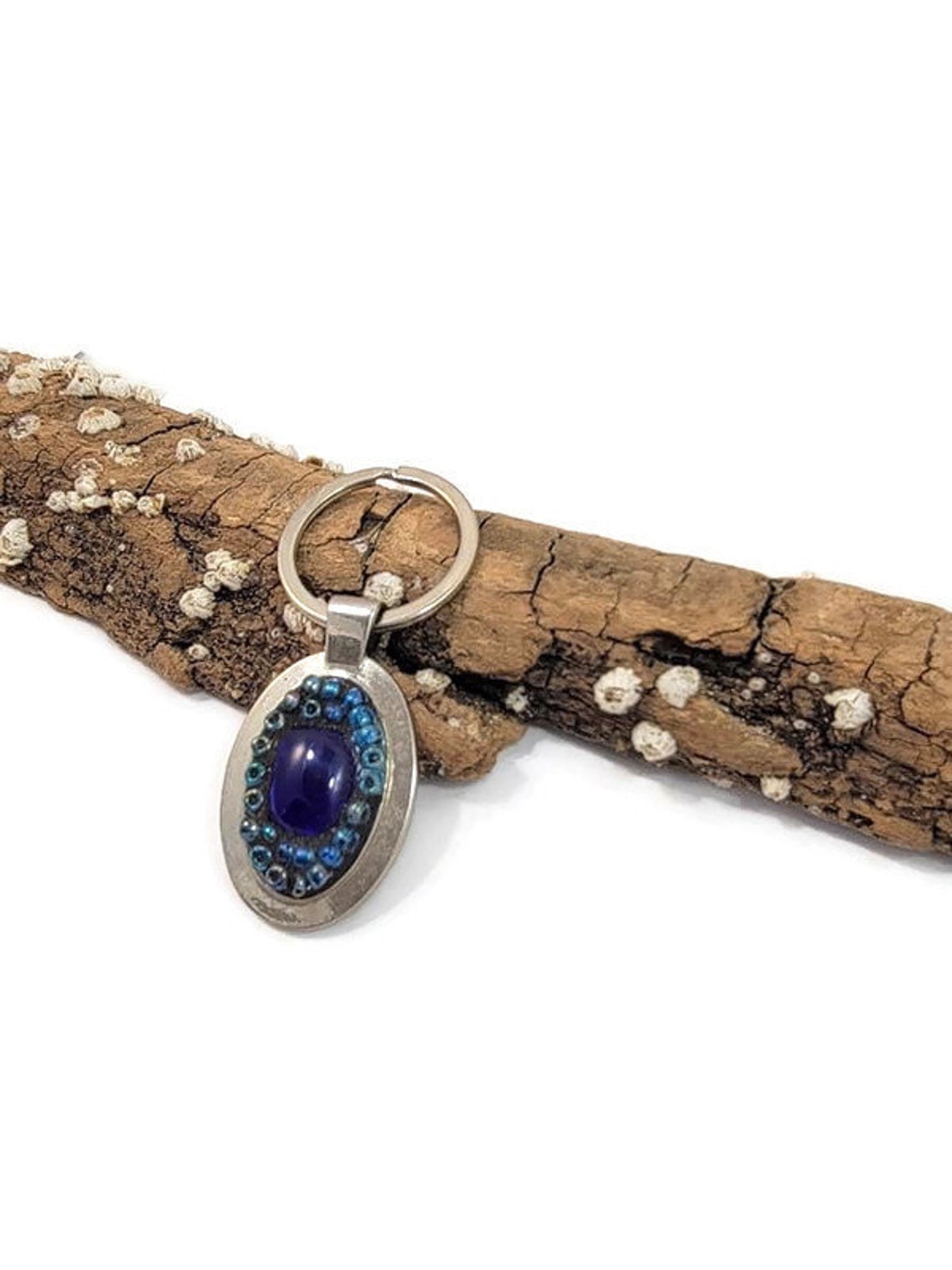 Silver Tone Oval Key Chain Blue Fused Glass Center Piece and Blue Seed ...