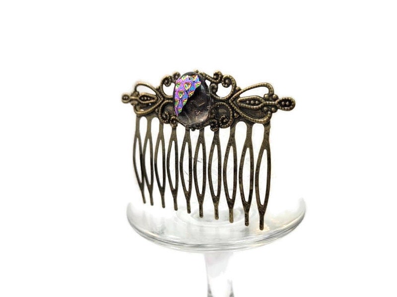 Dichroic Fused Glass Hair Comb, Hair Accessories, Wedding, Bronze Tone ...