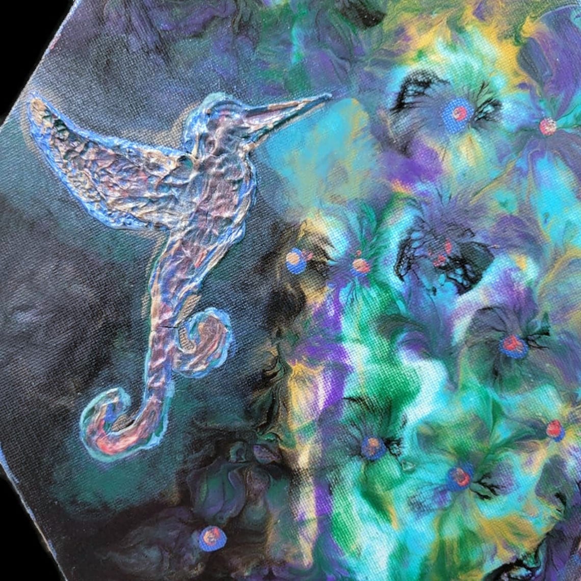 Hummingbird Acrylic Fluid Art Painting With Texture, Hexagon Stretched ...
