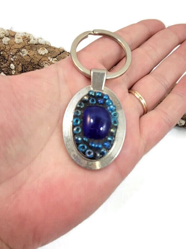 Silver Tone Oval Key Chain Blue Fused Glass Center Piece and Blue Seed ...