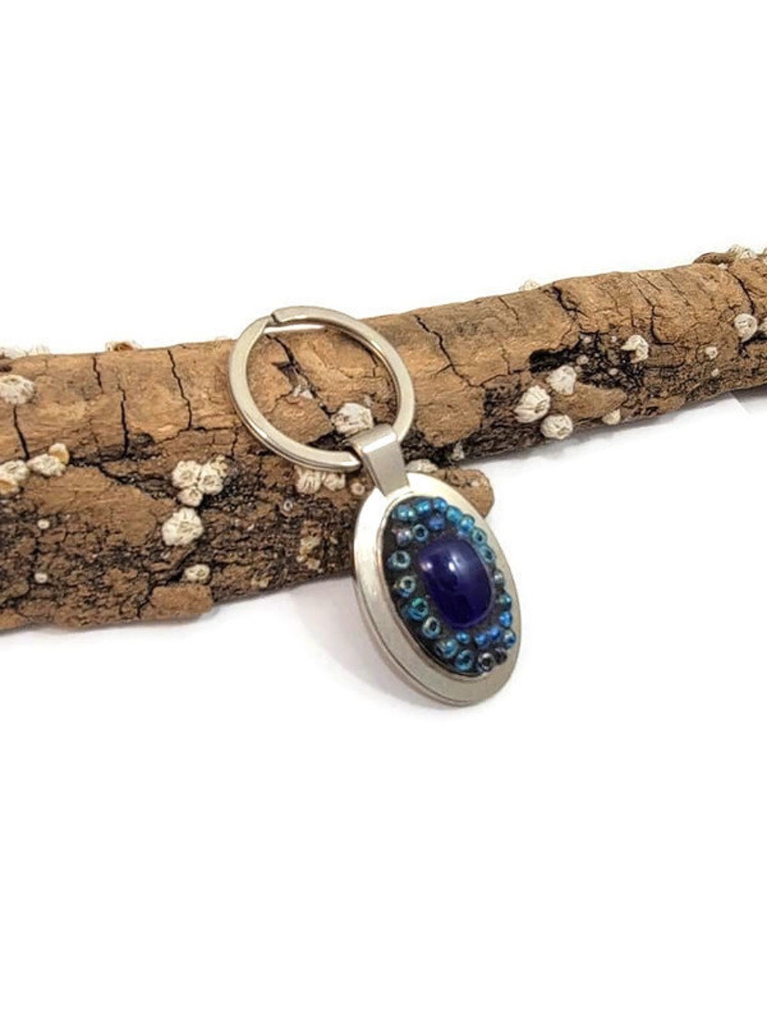 Silver Tone Oval Key Chain Blue Fused Glass Center Piece and Blue Seed ...