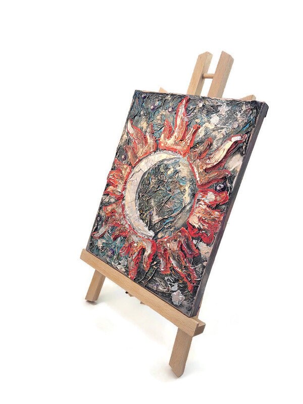 Heavy Textured Bold Moon Sun Earth Celestial Acrylic Painting, Wall Art ...