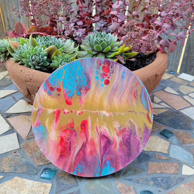 Acrylic Fluid Pour Art Painting, Circle Stretched Canvas, Original 8 ...