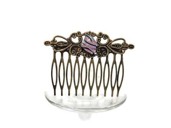 Victorian Bronze Tone Hair Comb Pink Dichroic Fused Glass - Etsy