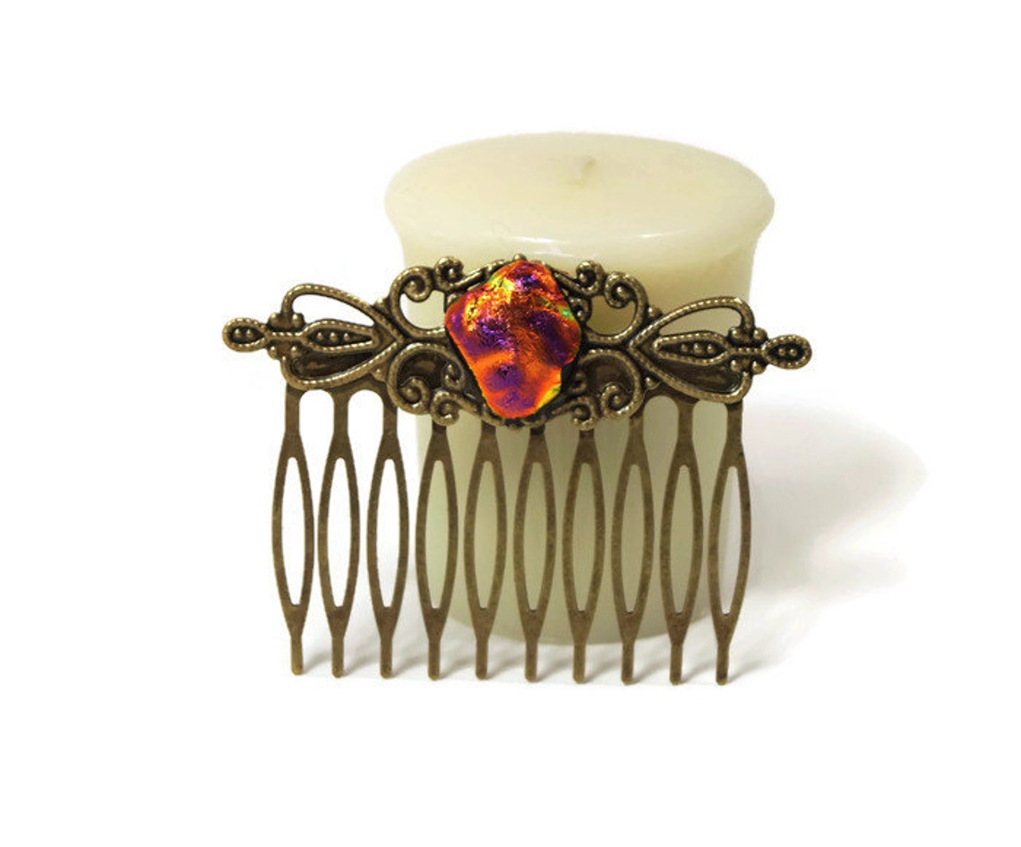 Victorian Bronze Tone Hair Comb, Dichroic Fire Orange Purple and Gold ...