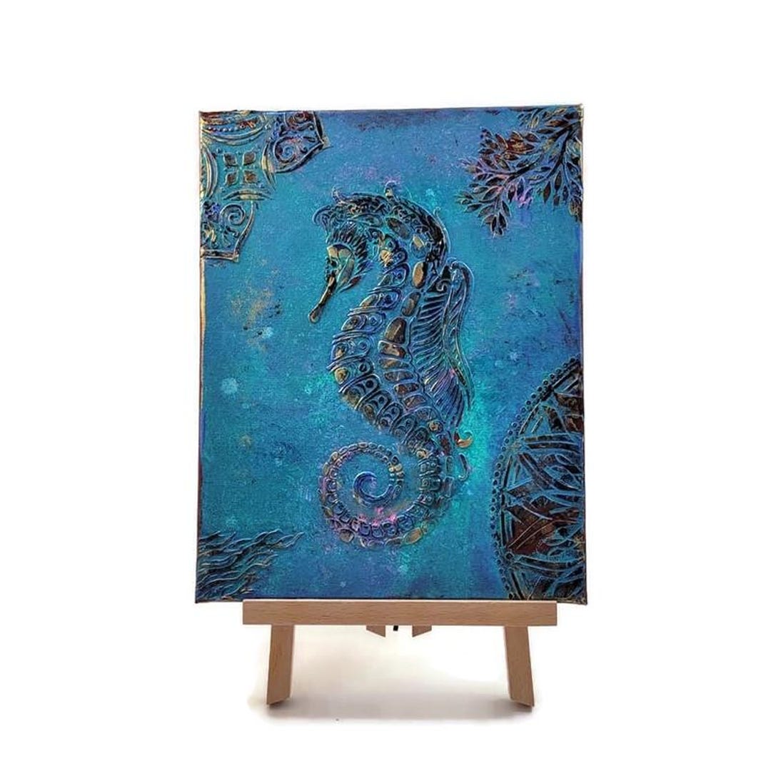 Seahorse Texture Acrylic Painting, Home Office Nursery Decor Original ...