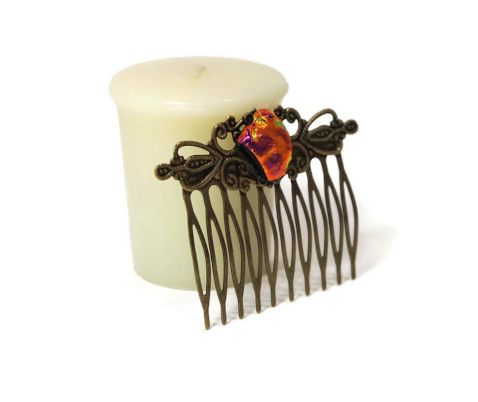 Victorian Bronze Tone Hair Comb, Dichroic Fire Orange Purple and Gold ...