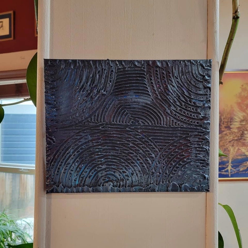 Black Heavy Textured Acrylic Painting With Lines and Curves, Stretched ...