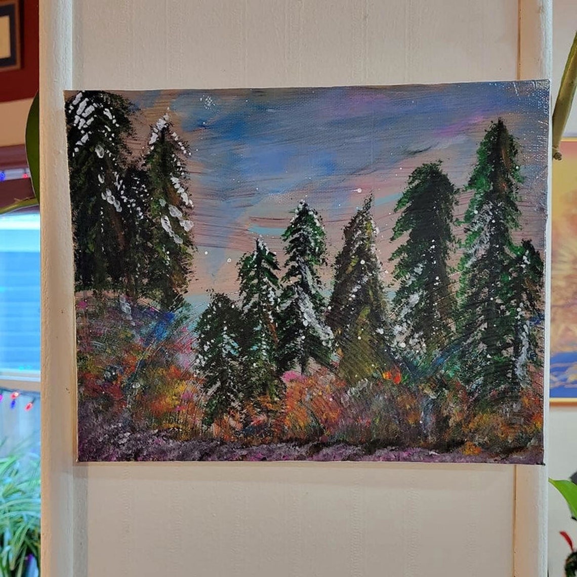 Acrylic Winter Forest Scene Painting, Stretched Canvas With Texture ...