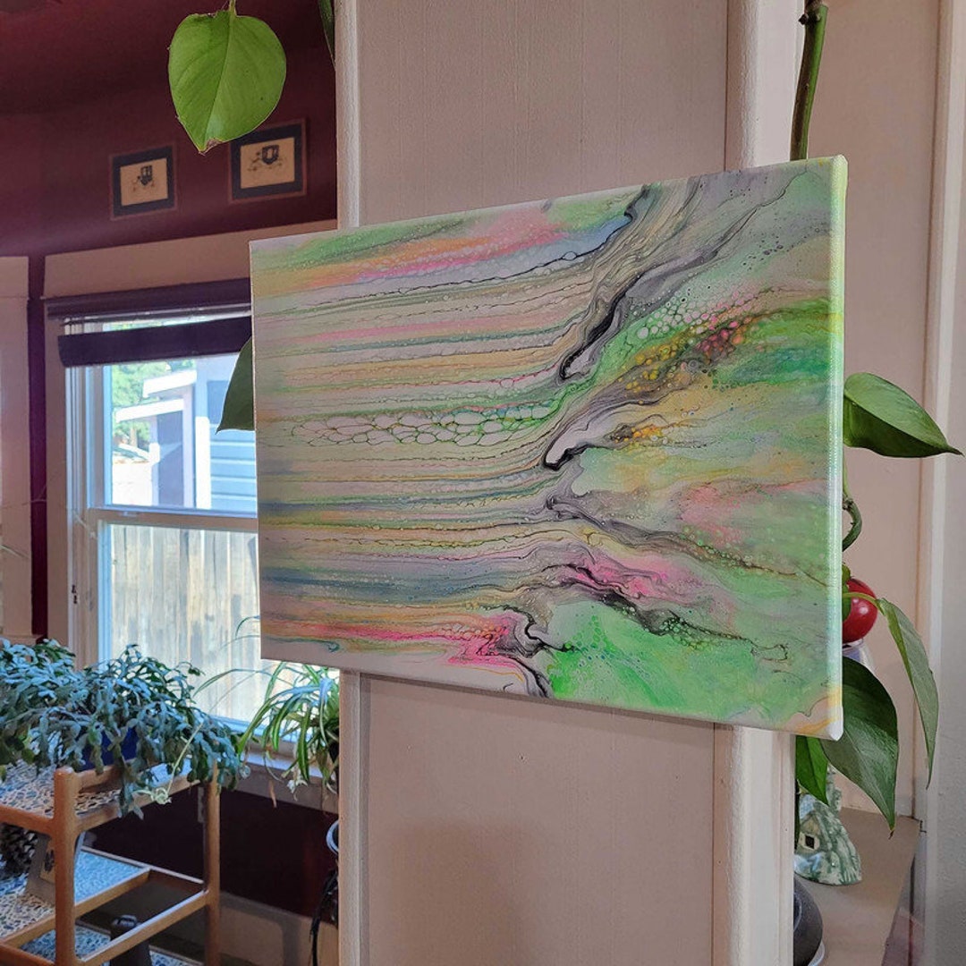 Fluid Acrylic Art Pour Painting, Original Stretched Canvas 16"x12 ...