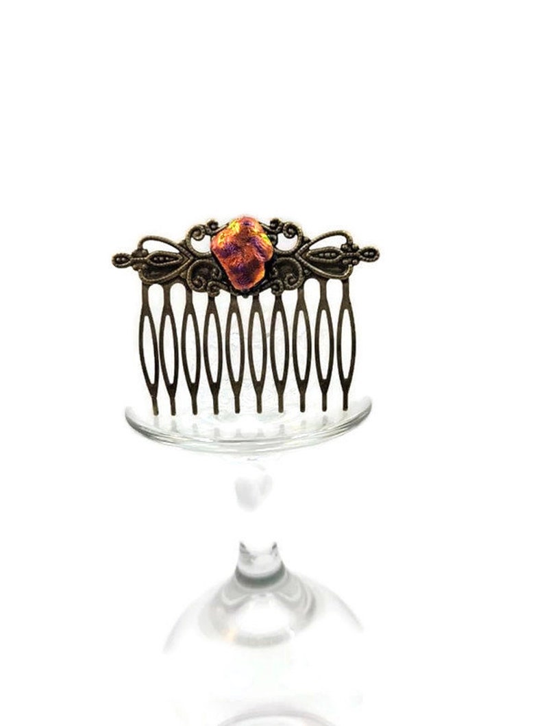 Victorian Bronze Tone Hair Comb, Dichroic Fire Orange Purple and Gold ...