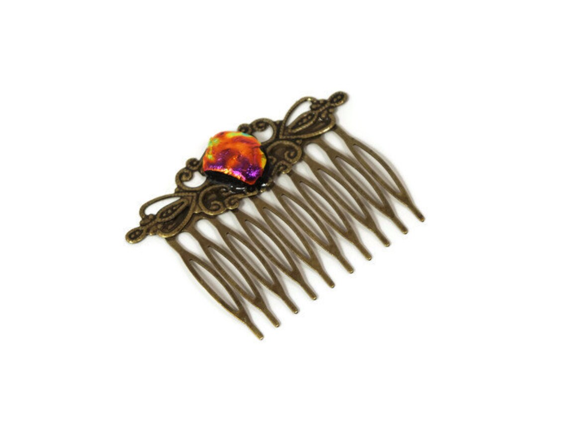 Victorian Bronze Tone Hair Comb, Dichroic Fire Orange Purple and Gold ...