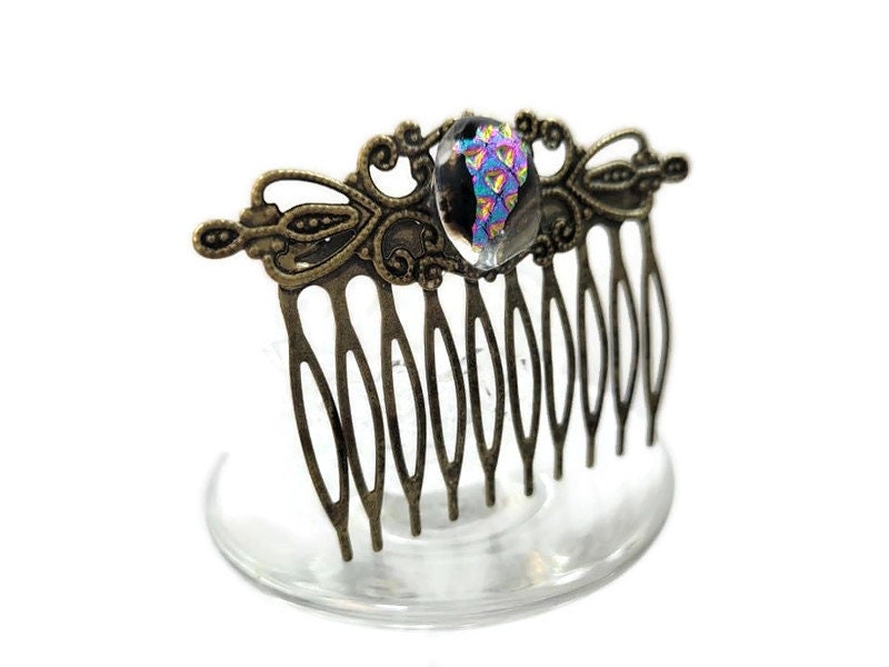 Dichroic Fused Glass Hair Comb, Hair Accessories, Wedding, Bronze Tone ...