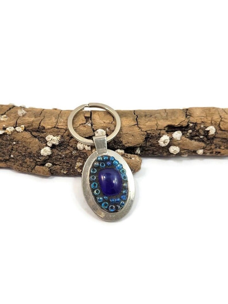 Silver Tone Oval Key Chain Blue Fused Glass Center Piece and Blue Seed ...
