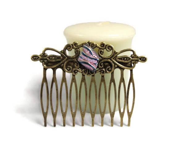Victorian Bronze Tone Hair Comb, Pink Dichroic Fused Glass, Accessories ...