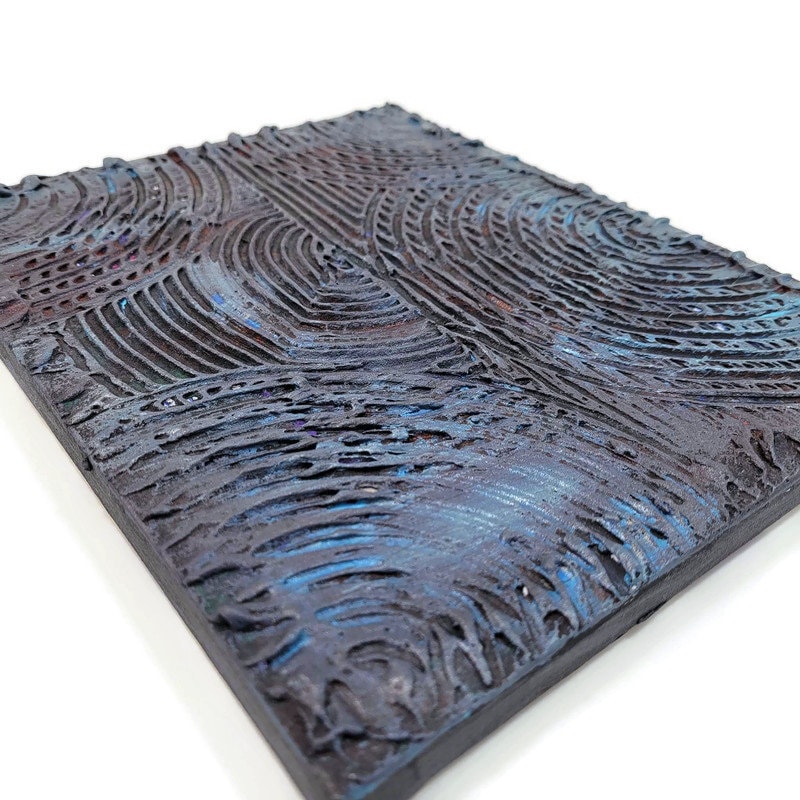 Black Heavy Textured Acrylic Painting With Lines and Curves, Stretched ...