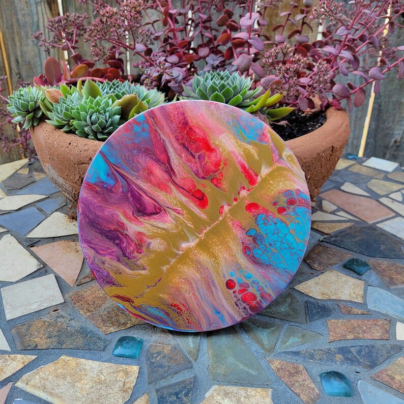 Acrylic Fluid Pour Art Painting, Circle Stretched Canvas, Original 8 ...