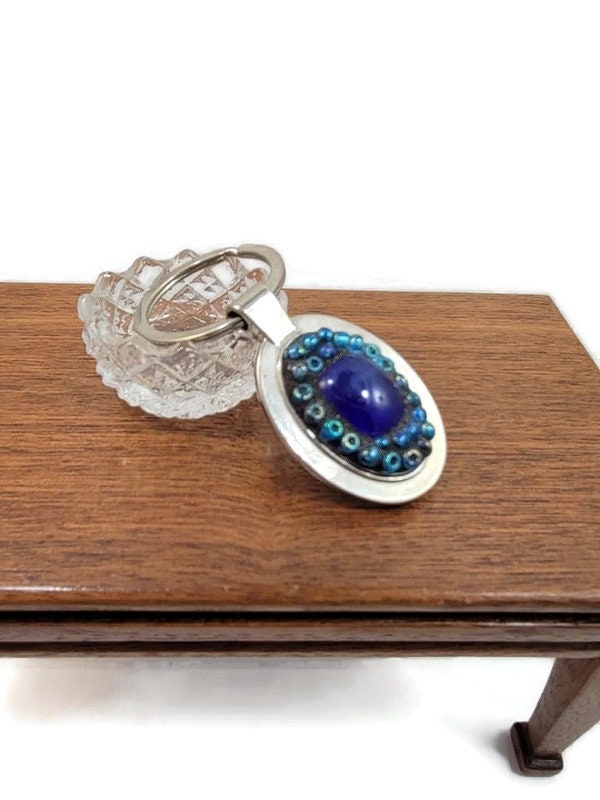 Silver Tone Oval Key Chain Blue Fused Glass Center Piece and Blue Seed ...